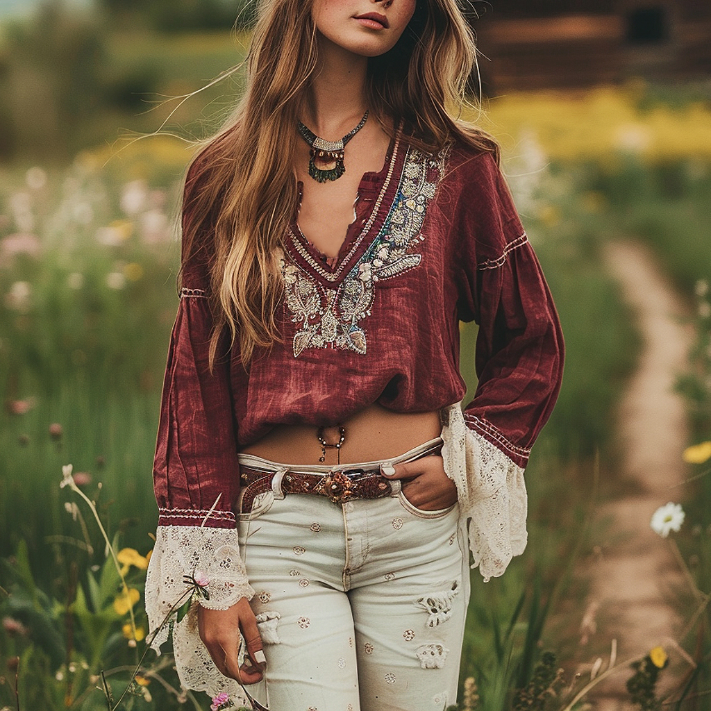 Vintage Bohemian Floral Dark Red Embroidered Shirt