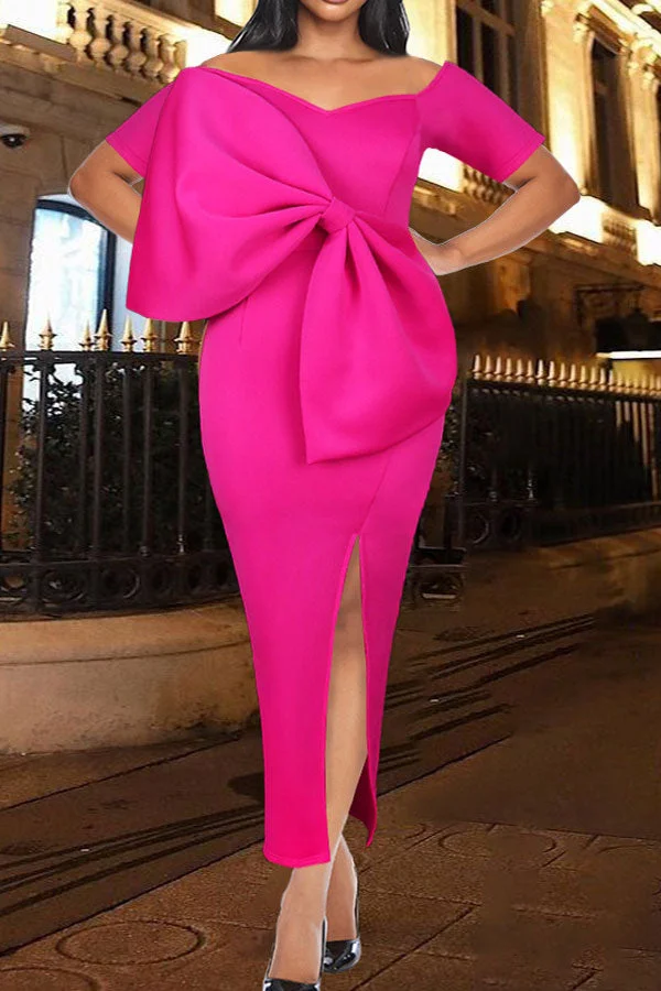 Rose Red Big Bowknot Rocking High Split Midi Dress