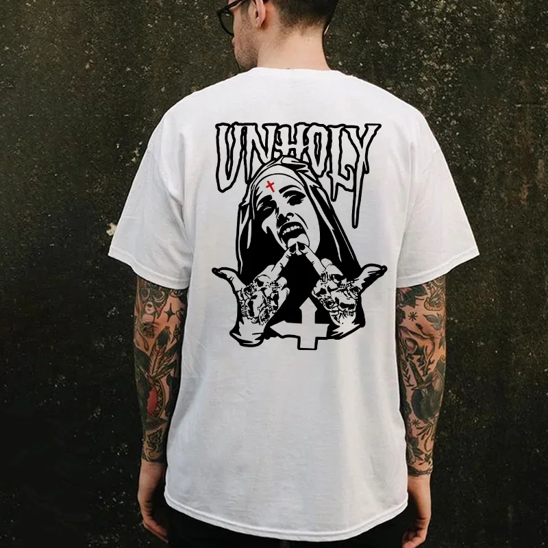 UNHOLY Nun with Crucifix on Forehead Graphic Casual Black Print T-shirt