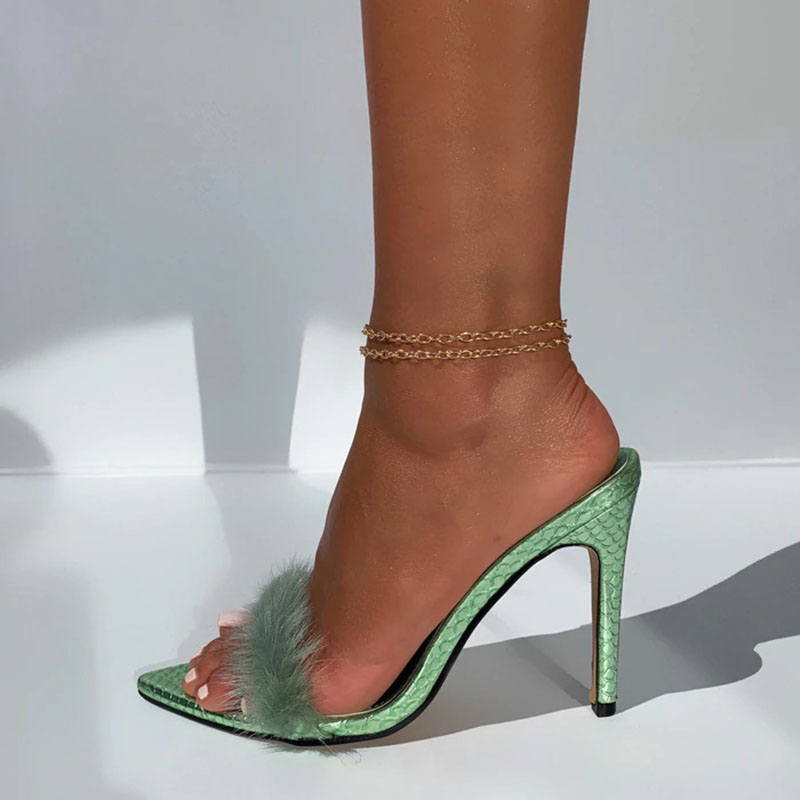 Green Snakeskin Shoes Women's Pointed Furry Heel Evening Mules|FSJshoes