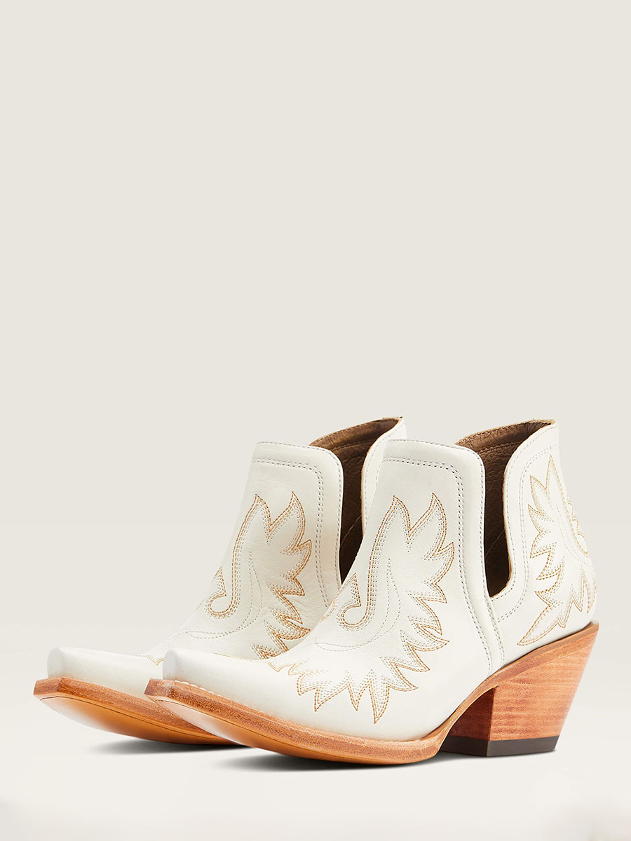 Ivory Side Cut-Out Stacked Heel Western Ankle Boots for Women
