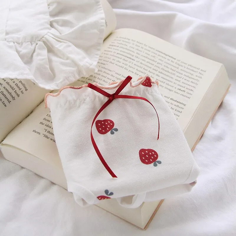 Uaang Love Sweet Cotton Panties with Wood Ears Women's Ribbon Mid-waist ...