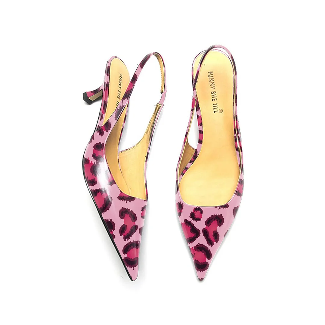 Pink Leopard Print Pointed Toe Kitten Heel Slingback Pumps