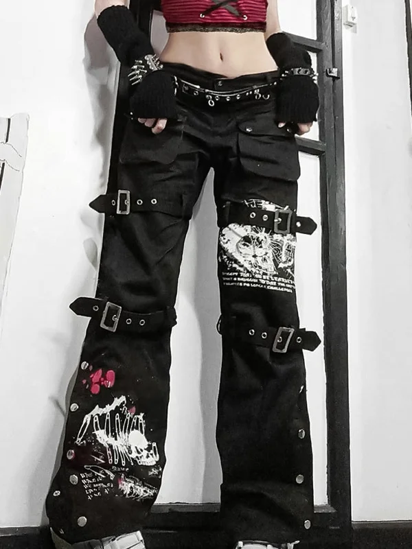 Gothic Dark Street Printed Belt High Rise Washed Jeans with Pockets