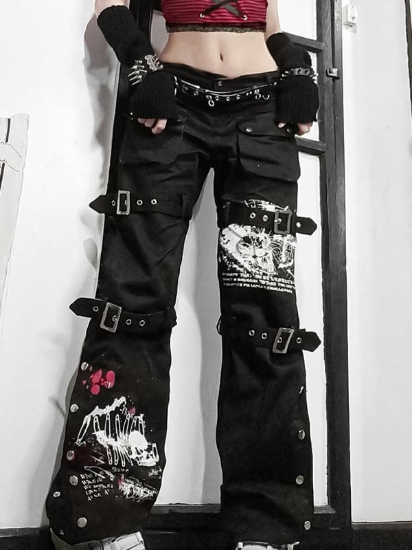 Gothic Dark Street Printed Belt High Rise Washed Jeans with Pockets