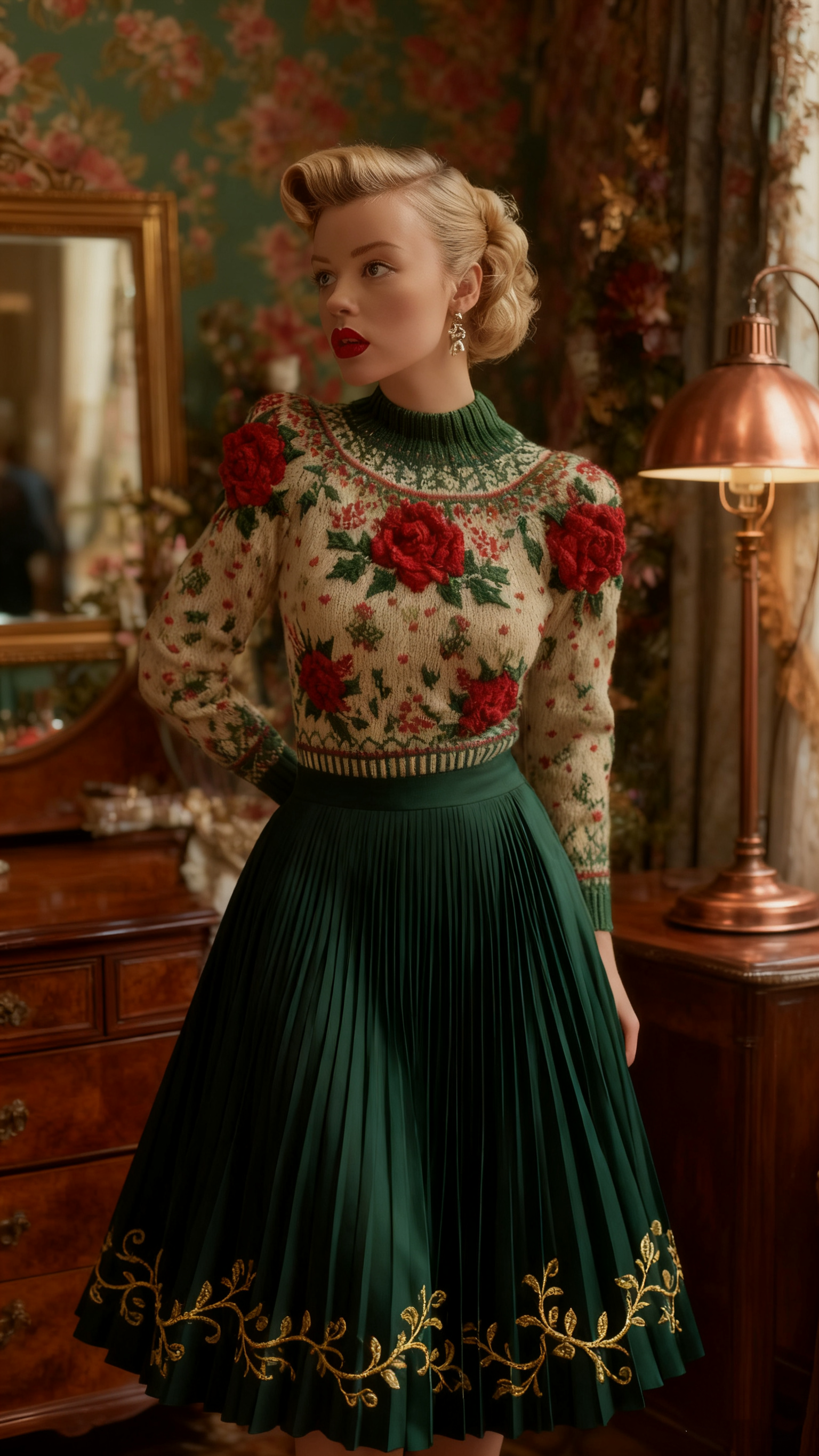 Women's Vintage Christmas Rose Fair Isle Holly Leaf Jacquard Sweater
