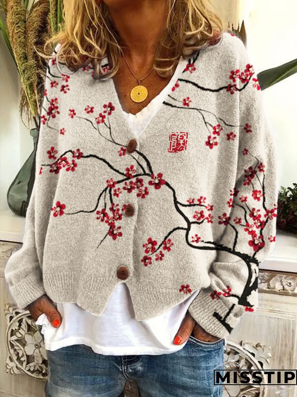 Classy Cherry Blossom Japanese Art Cozy Knit Cardigan - MissTip