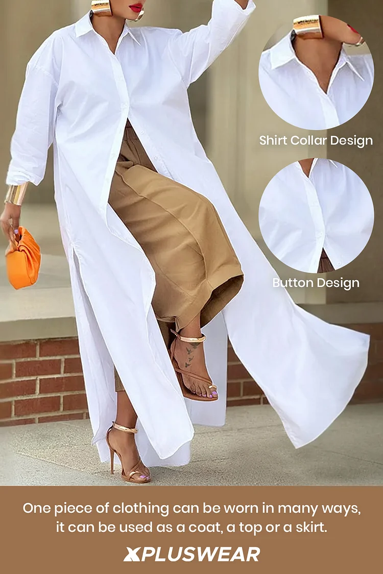 Plus Size Daily White Shirt Collar Split Long Blouses - Xpluswear.com