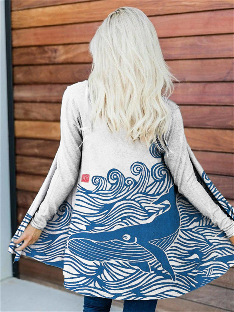 Whale & Waves Japanese Lino Art Cozy Cardigan