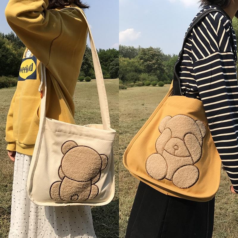 Double-Sided Embroidered Bear Shoulder Bag