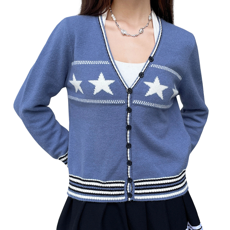 PREPPY STAR STRIPE V-NECK BUTTON CARDIGAN
