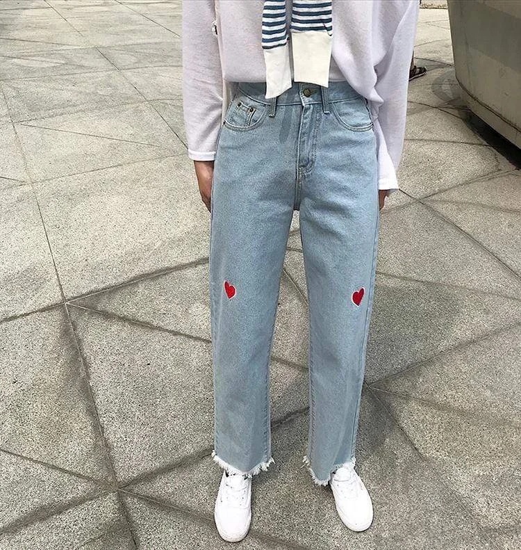 HEART EMBROIDERED DENIM JEANS