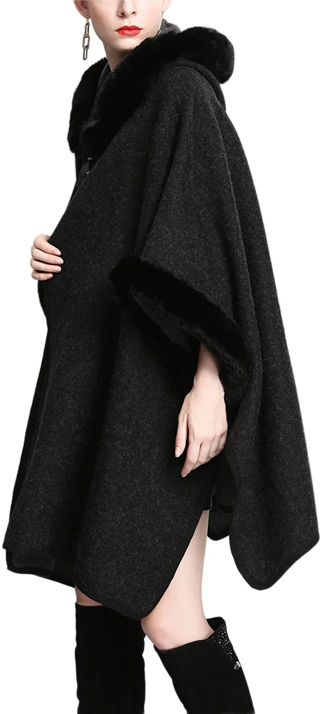 Women's Batwing Faux Fur Hooded Cloak Poncho Cape