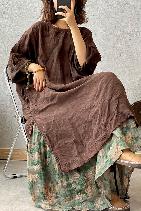 Summer Vintage Linen Long Dress Solid Color Thin Robe Women