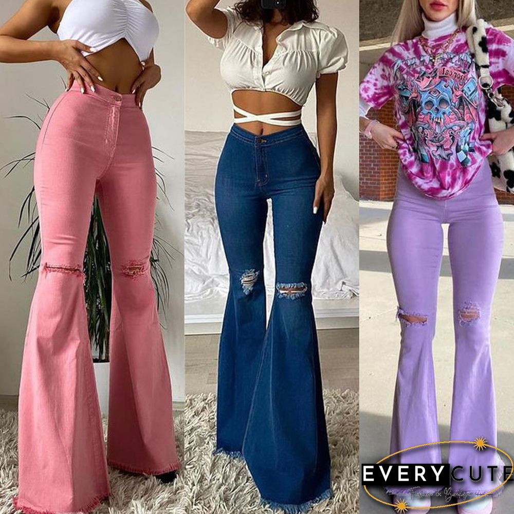 New Women Denim Flared Pants High-Waisted Button Holes Ripped Bodycon ...