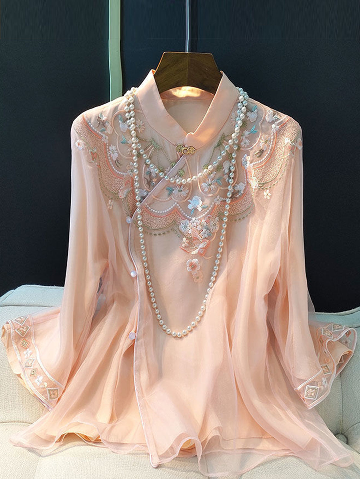 Elegant Lotus Pink Floral Embroidery Mock Neck Fog Button 3/4 Sleeve ...