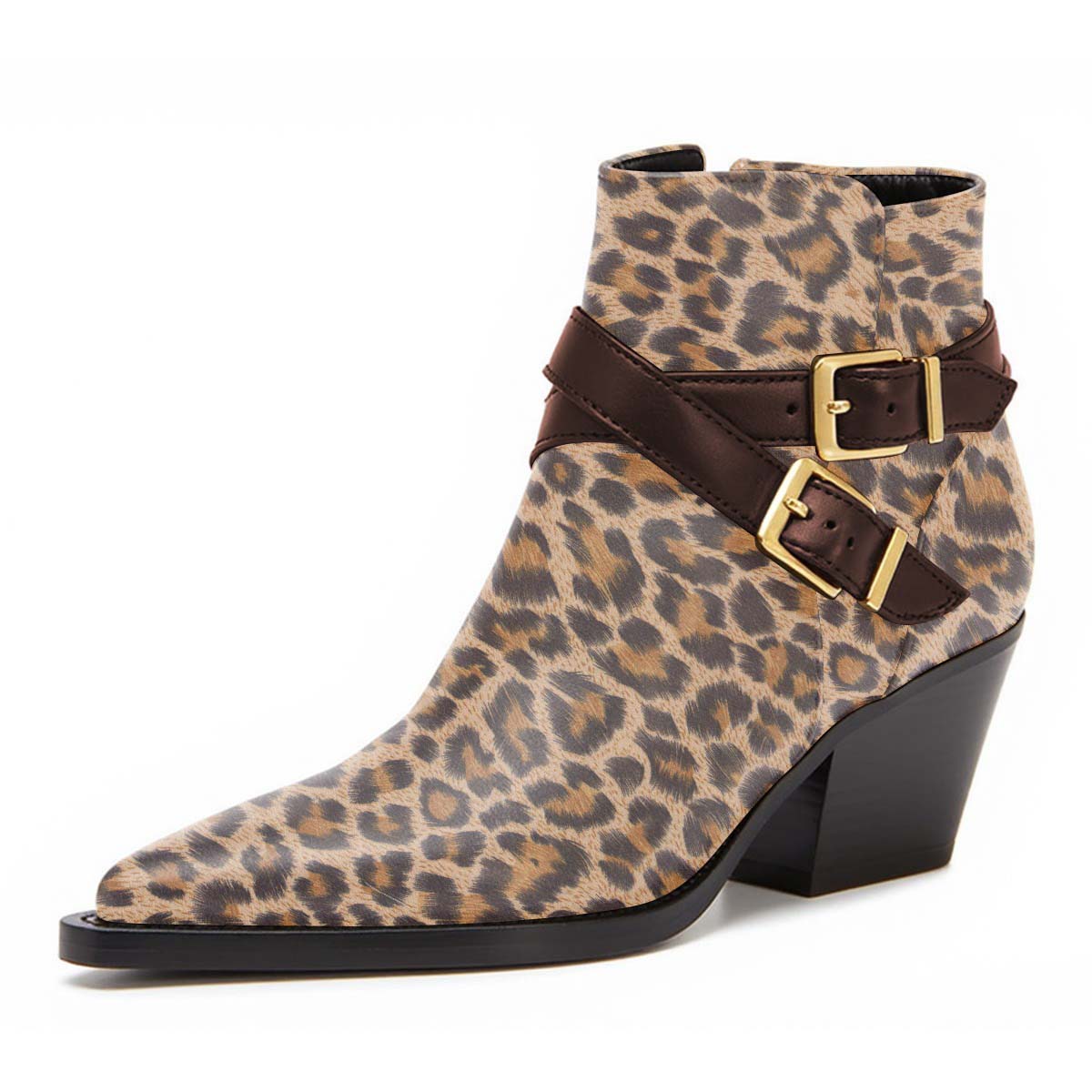 Leopard Print Pointed Toe Buckle Strap Block Heel Ankle Strap