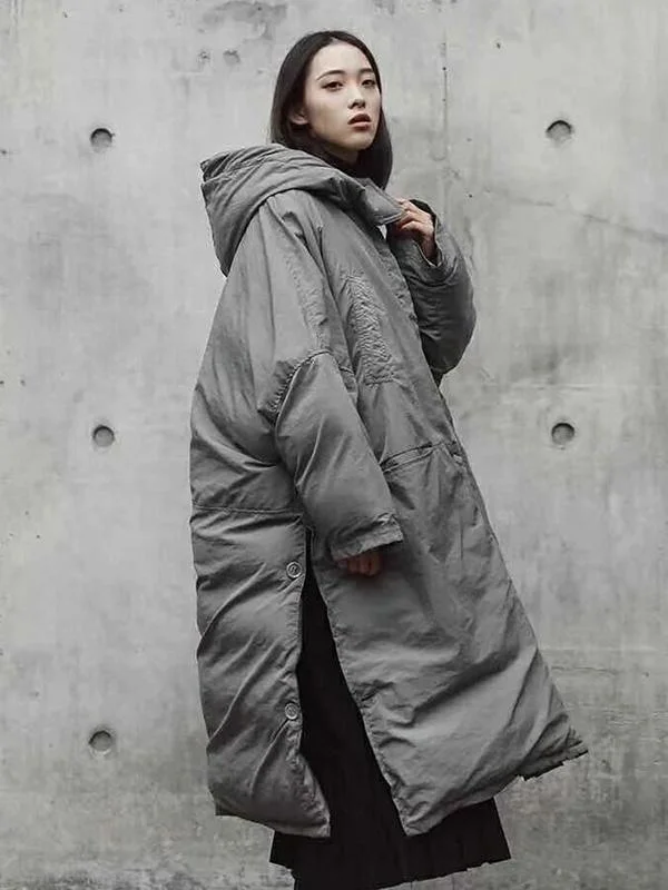 Oversized Quilted Long Coat with Split-Side and Detachable Hat ...
