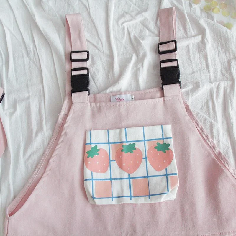 CREAM STRAWBERRY PRINT OVERALLS
