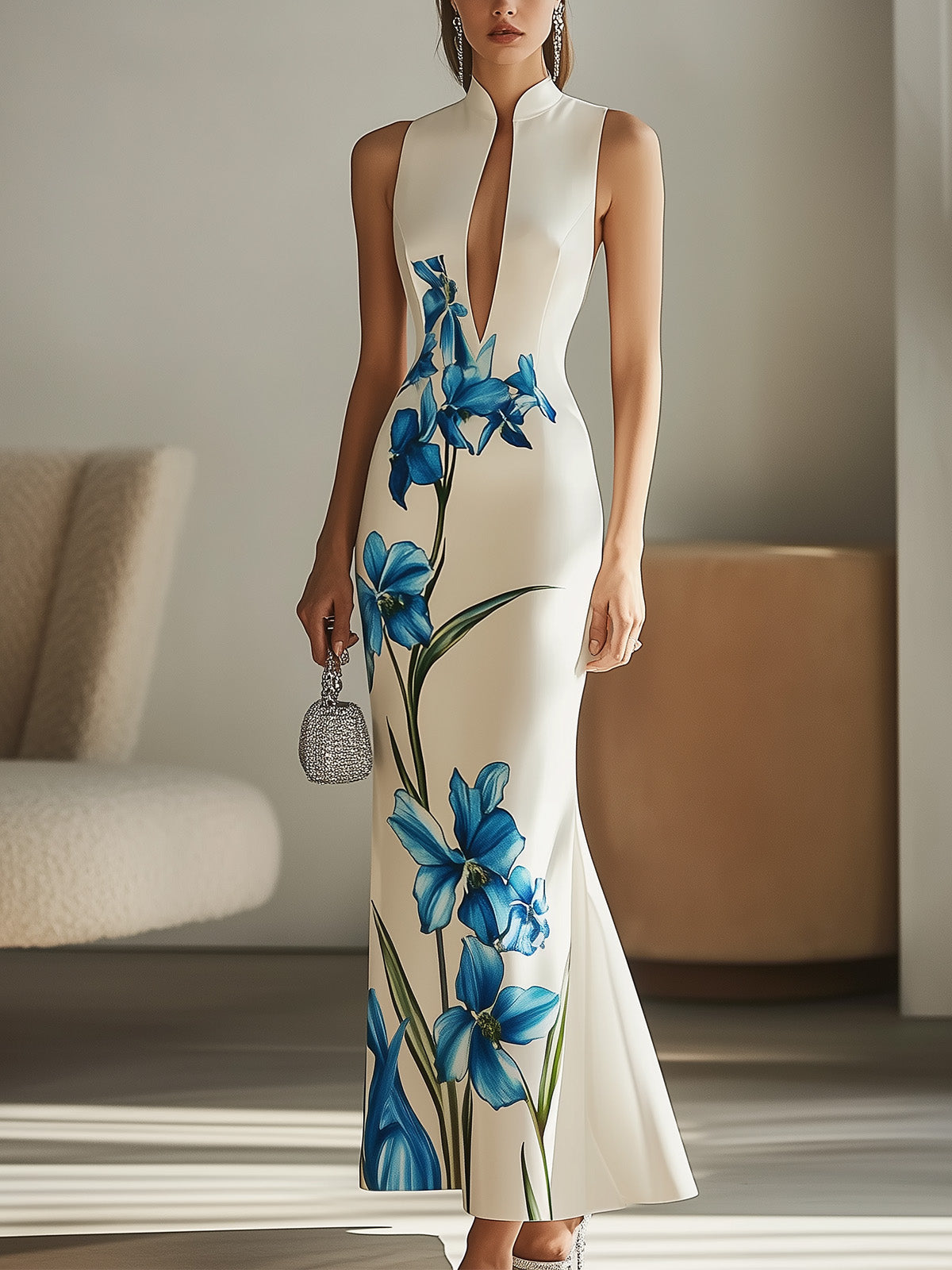 Modern Deep V-Neck Satin Dress with Side Floral Print