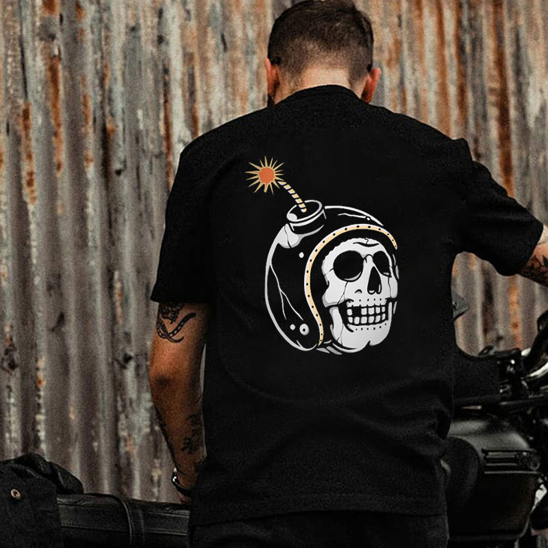 Skeleton with Bomb Helmet Funny Casual Graphic Black Print T-shirt