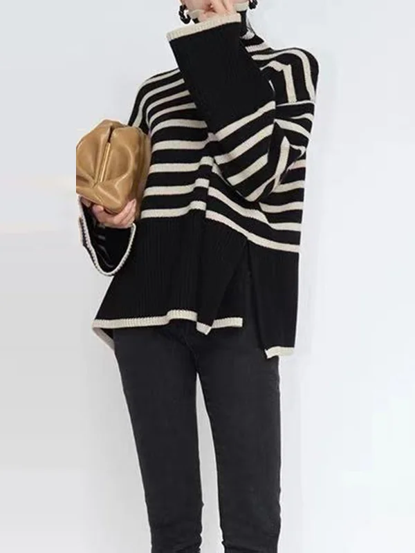 Harmony in Contrast: Long-Sleeved Loose High-Neck Sweater with Striped ...