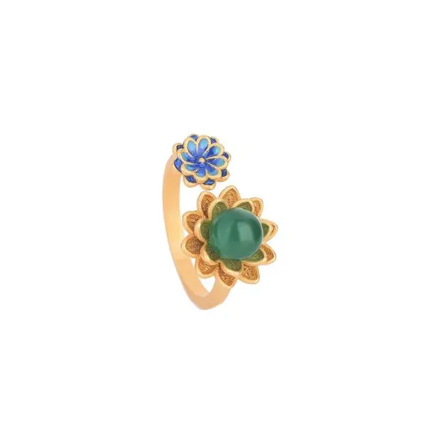 Natural Jade Enamel Lotus Flower Vintage Ring