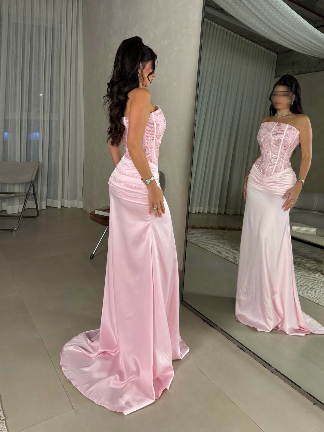 Charming Pink Straight Across Sleeveless Sequins Pleated Prom Dress YK0636
