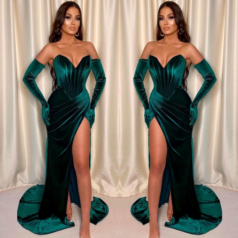 Daisda Mermaid V-Neck Evening Dress With Gloves Front Split Dark Green