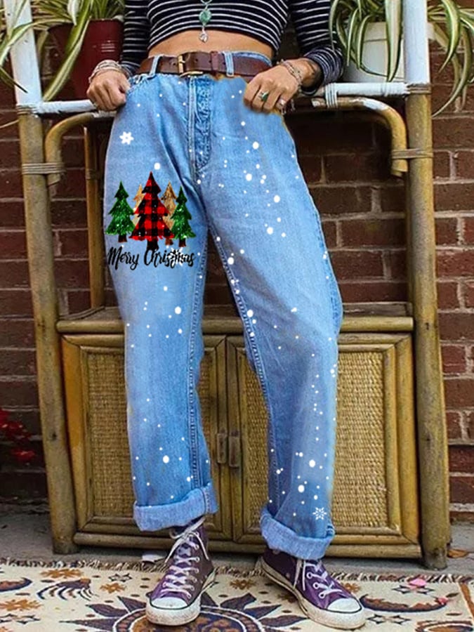 Christmas Tree Print Wide Leg Jeans