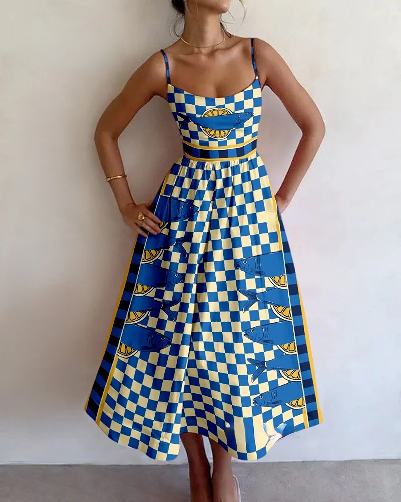 Vintage plaid fish print dress