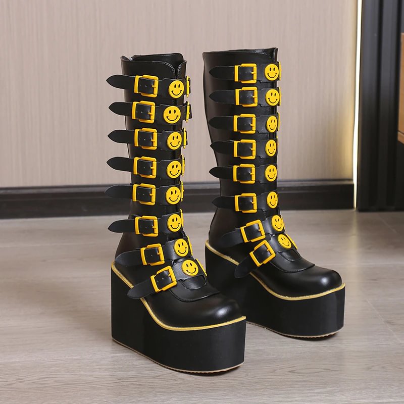 Churchf New Womens Yellow Smiley Face Gothic Boots Buckle Strap ...