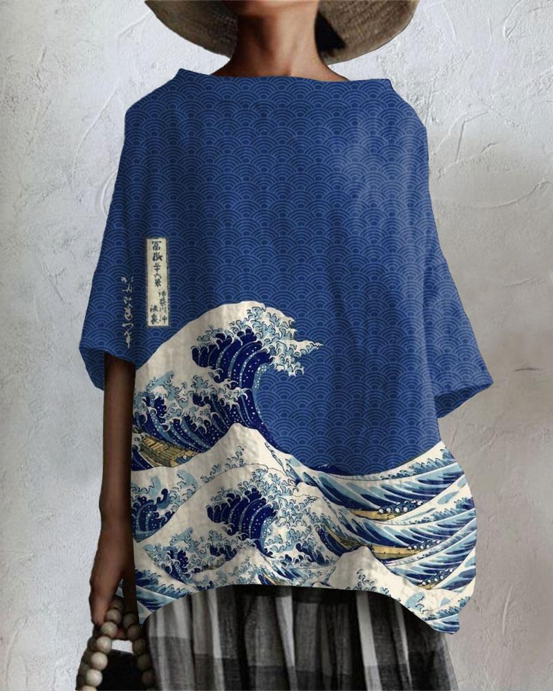 Japan Kanagawa Wave Cotton And Linen Tunic Shirt