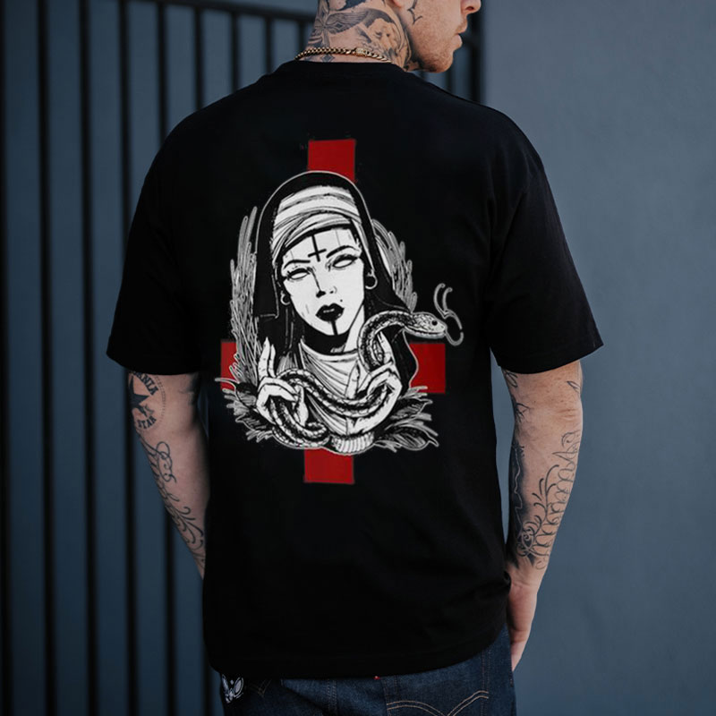 Unholy Nun with Snake Black Print T-shirt