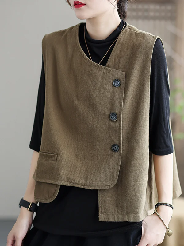 Vintage Asymmetric Buttoned Solid Color Vest Top