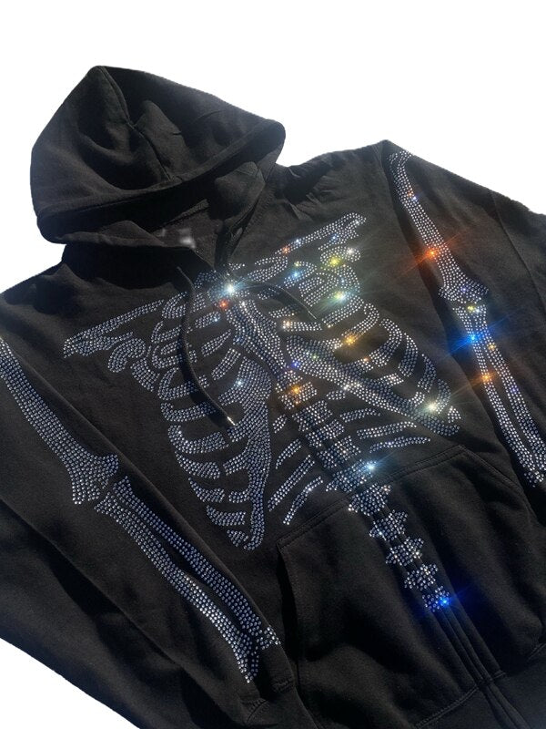 E-girl Gothic Diamonds Skeleton Jacket Coat Zip Up Hooded Autumn Black ...