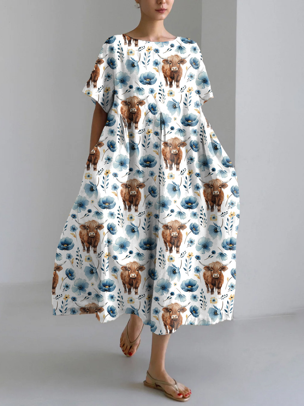 Vintage Highland Cow Print Linen Blend Maxi Dress