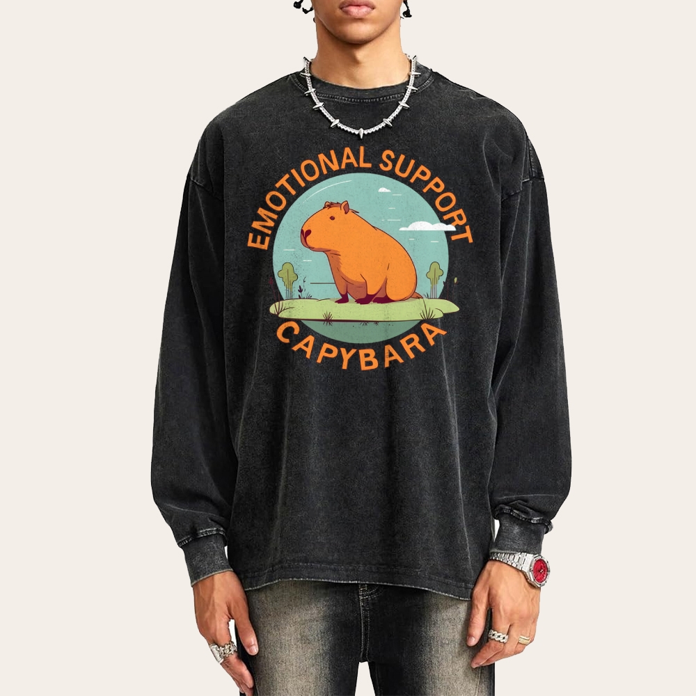 FROMSPARCOO Emotional Support Capybara Deep Washed Vintage Long Sleeves ...