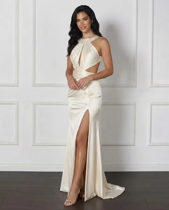 Lvs&Broner White Satin Halter Sleeveless High Waist Long Prom Dress ...