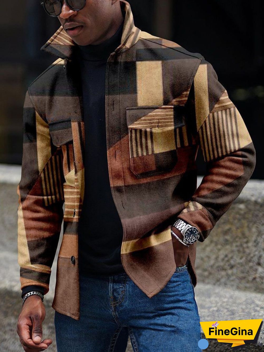 FineGina Army Green Men's Casual Geometric Pattern Jacket 004