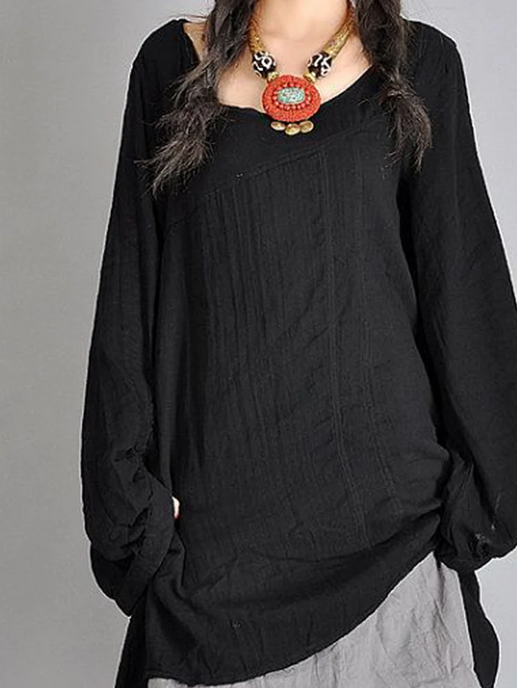 Daily Square Neck Long Sleeve Textured Layered Loose Fit Blouse