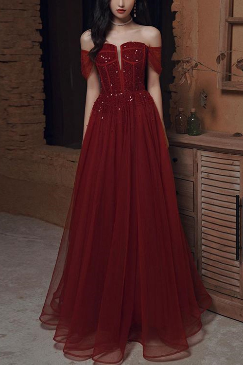 Daisda Wine Red Off-The-Shoulder Evening Dress With Sequins Beads