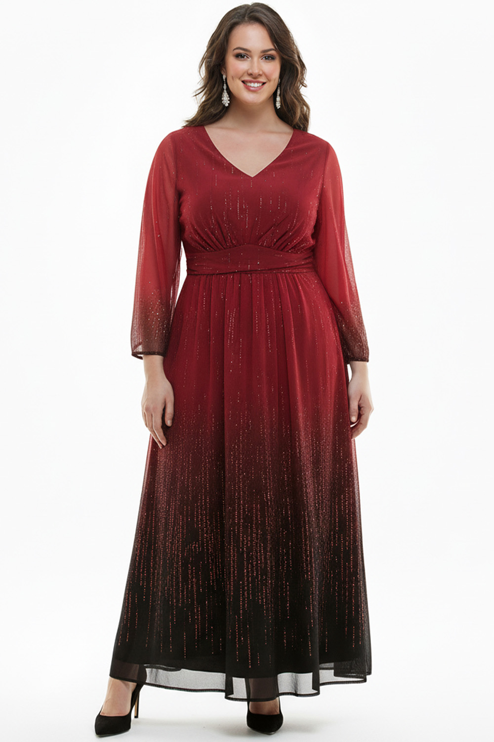 Flycurvy Plus Size Christmas Red Sequin Gradient Sparkly Long Sleeve ...