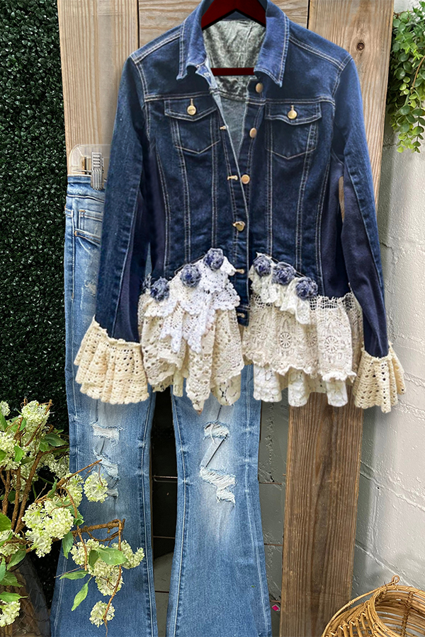 Vintage Chic Crochet Floral Denim Jacket