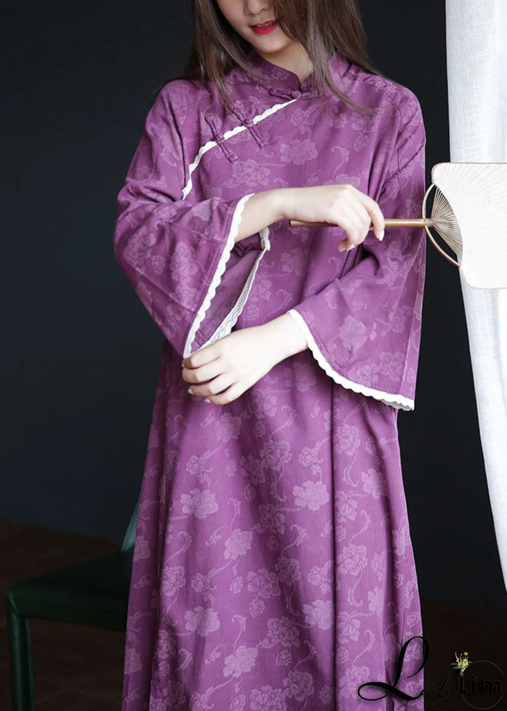 Handmade Purple Mandarin Collar Lace Patchwork Cotton Dresses Spring ...