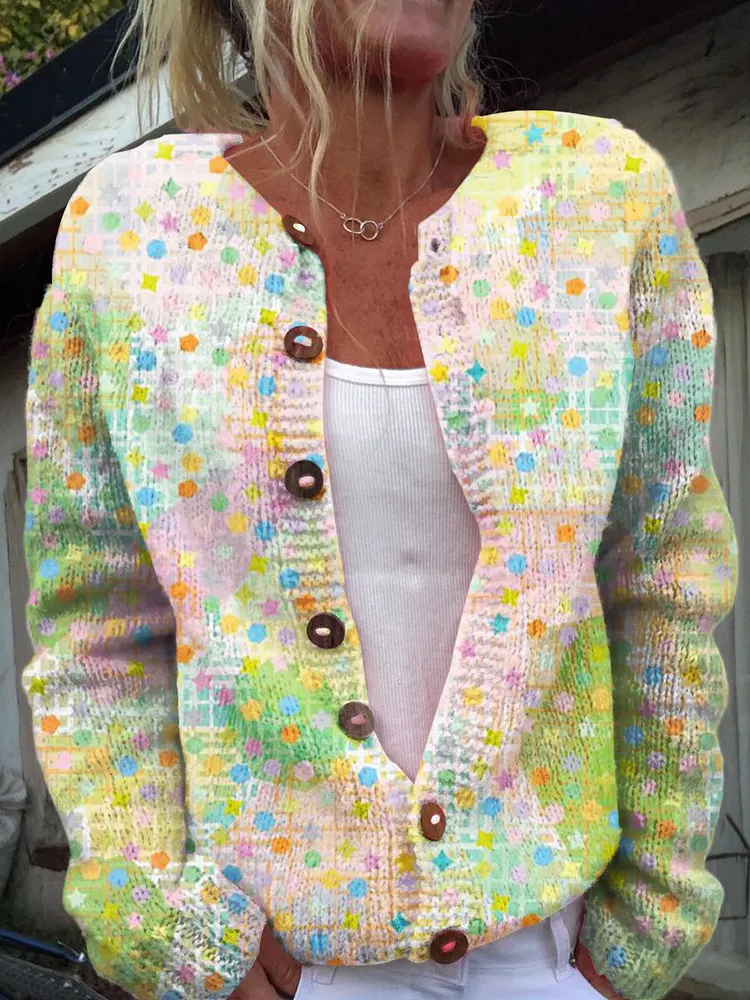 Fresh Gradient Dots Print Buttoned Cardigan Sweater