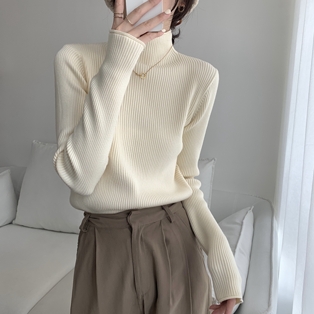 KOREAN SLIM-FIT HALF NECK PIT STRIP LONG SLEEVE BASE TOP