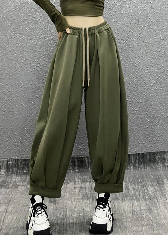 Casual Green Pockets Wrinkled Elastic Waist Cotton Sport Pants Fall