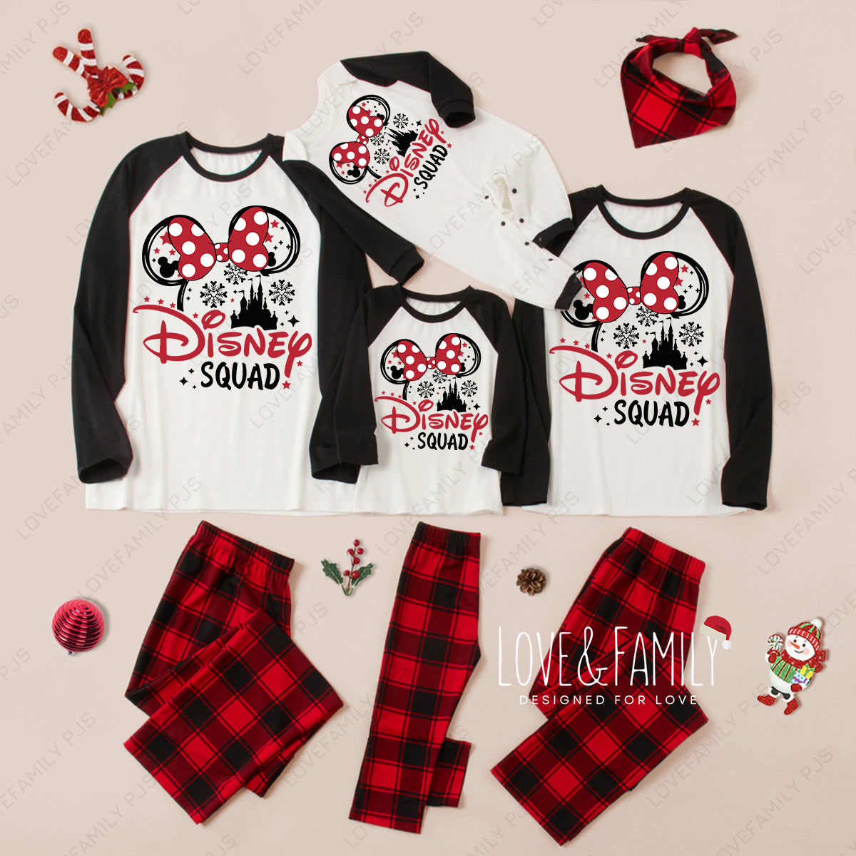 Disney Squad Christmas Family Matching Red Plaid Pajamas Sets