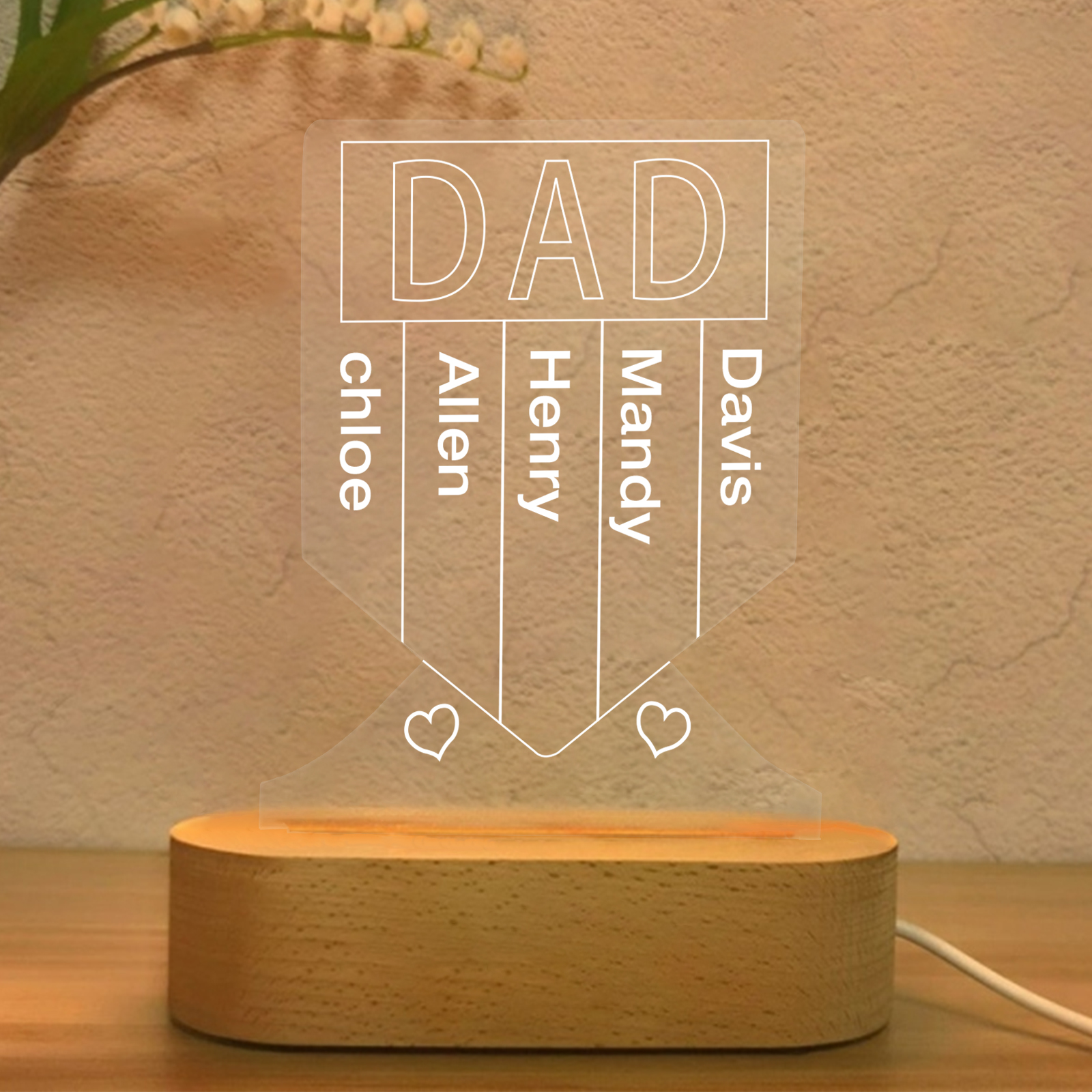 Custom Family Night Light Engrave 5 Names LED Lamp